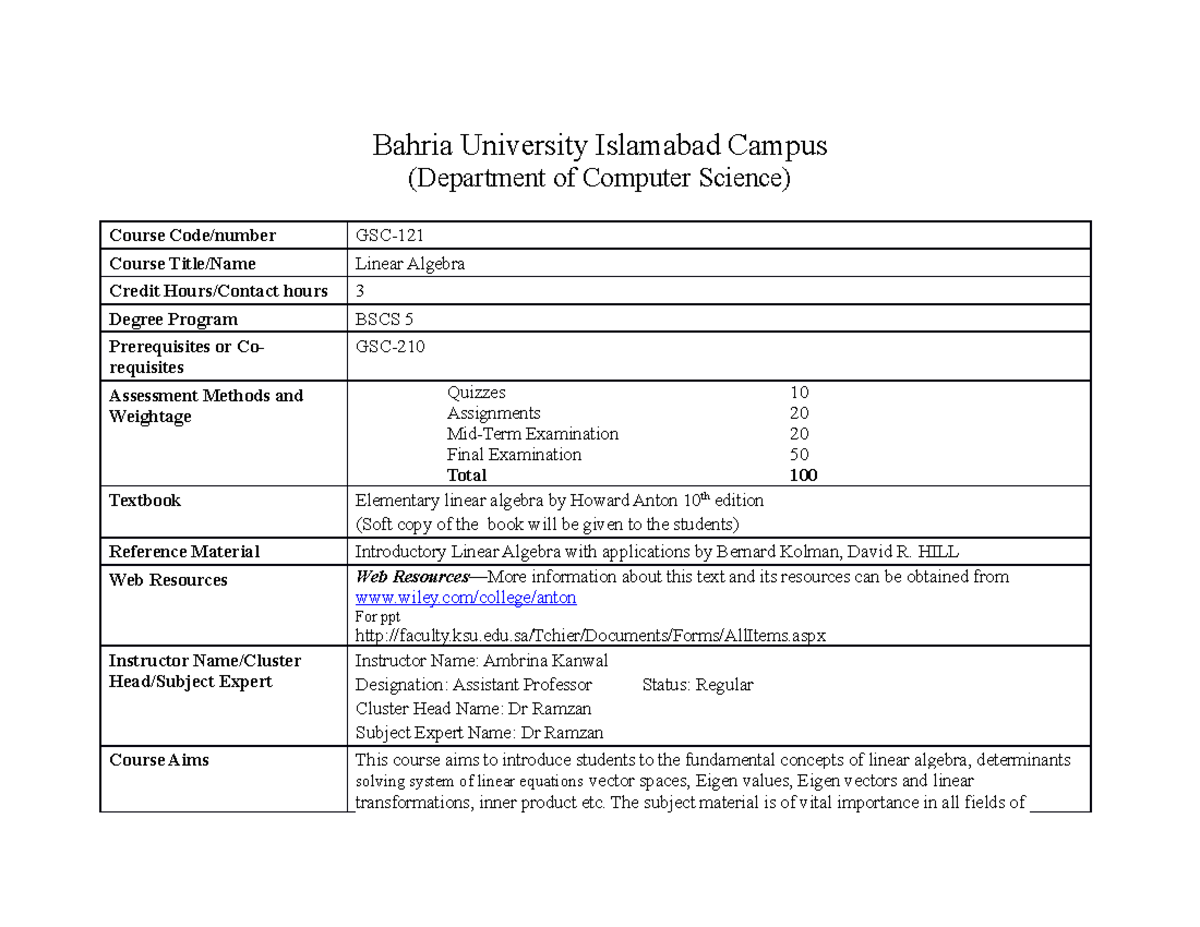 Lecture Plan LA-f18 - Bahria University Islamabad Campus (Department of ...