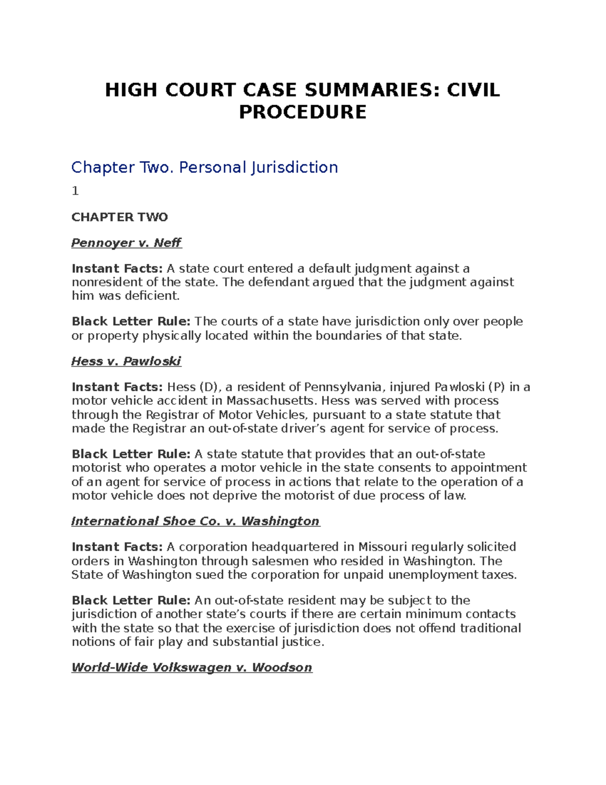 High Court Case Summaries Civ Pro Freer - HIGH COURT CASE SUMMARIES ...