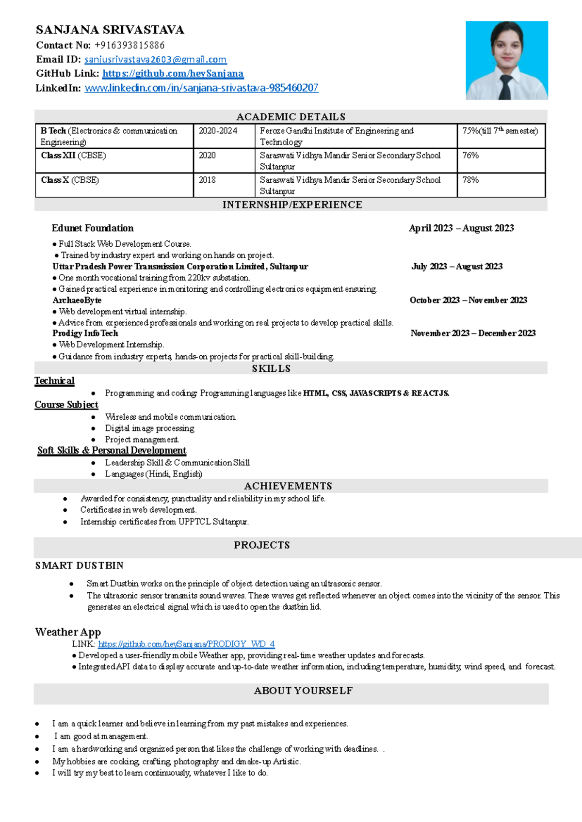 Finalsanjana resume - abcs - SANJANA SRIVASTAVA Contact No: + Email ID: sanjusrivastava2603 ...