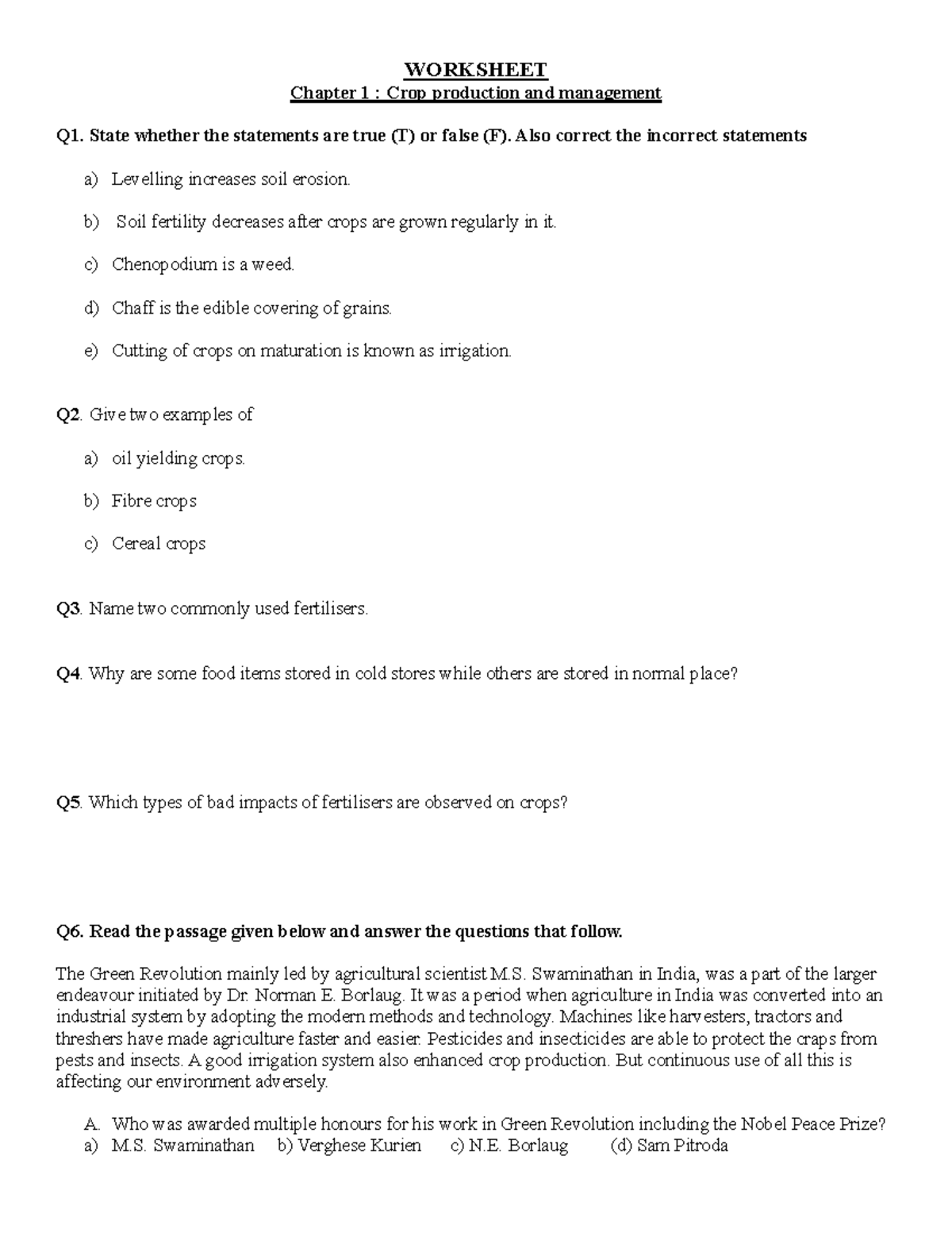 Class 8 Science Worksheet ch 1 and 2 - WORKSHEET Chapter 1 : Crop ...