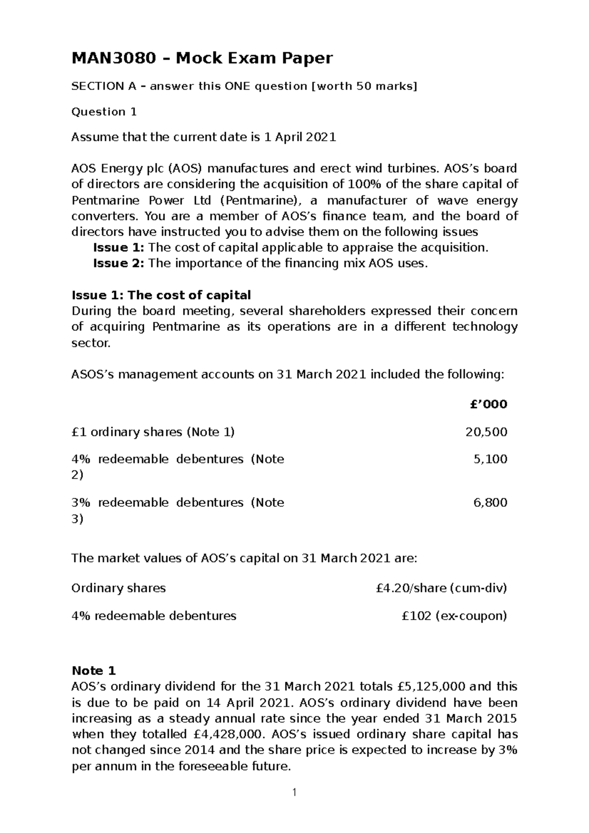 MAN3080 - Mock Exam Paper Solutions - MAN3080 – Mock Exam Paper SECTION ...