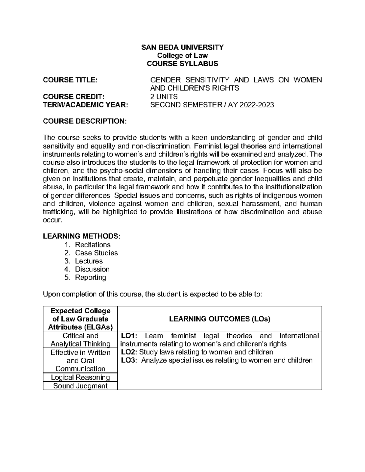 SBU COL Departmental Syllabus in Gender Sensitivity - SAN BEDA ...