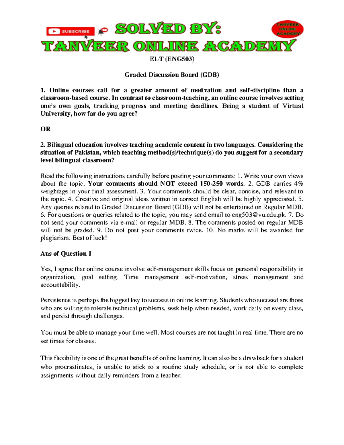 Eng503 GDB - NO need - ELT (ENG503) Graded Discussion Board (GDB ...