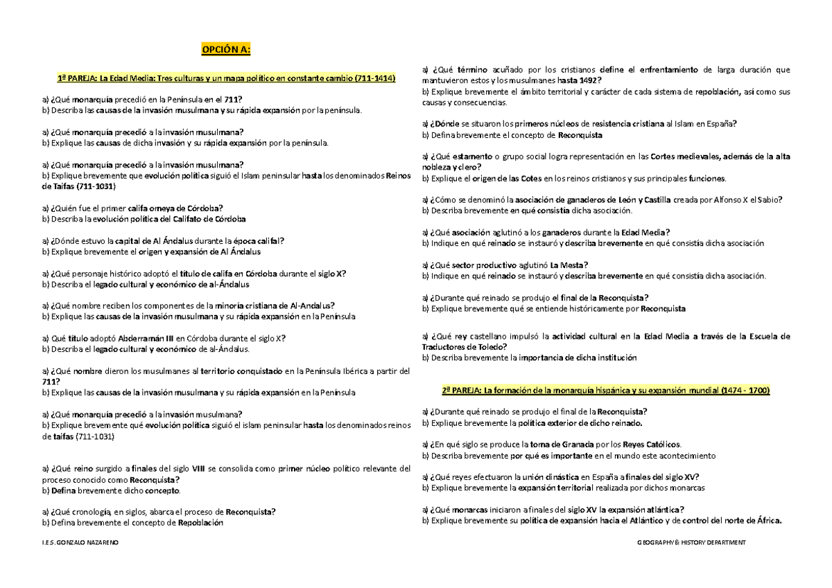 Preguntas Cortas Opcion A - OPCIÓN A: 1ª PAREJA: La Edad Media: Tres ...