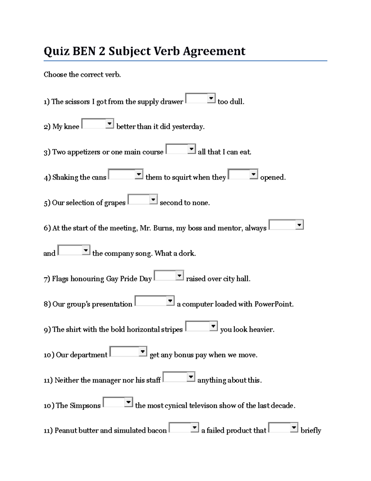 10. Subject verb Agreement IV - Quiz BEN 2 Subject Verb Agreement ...