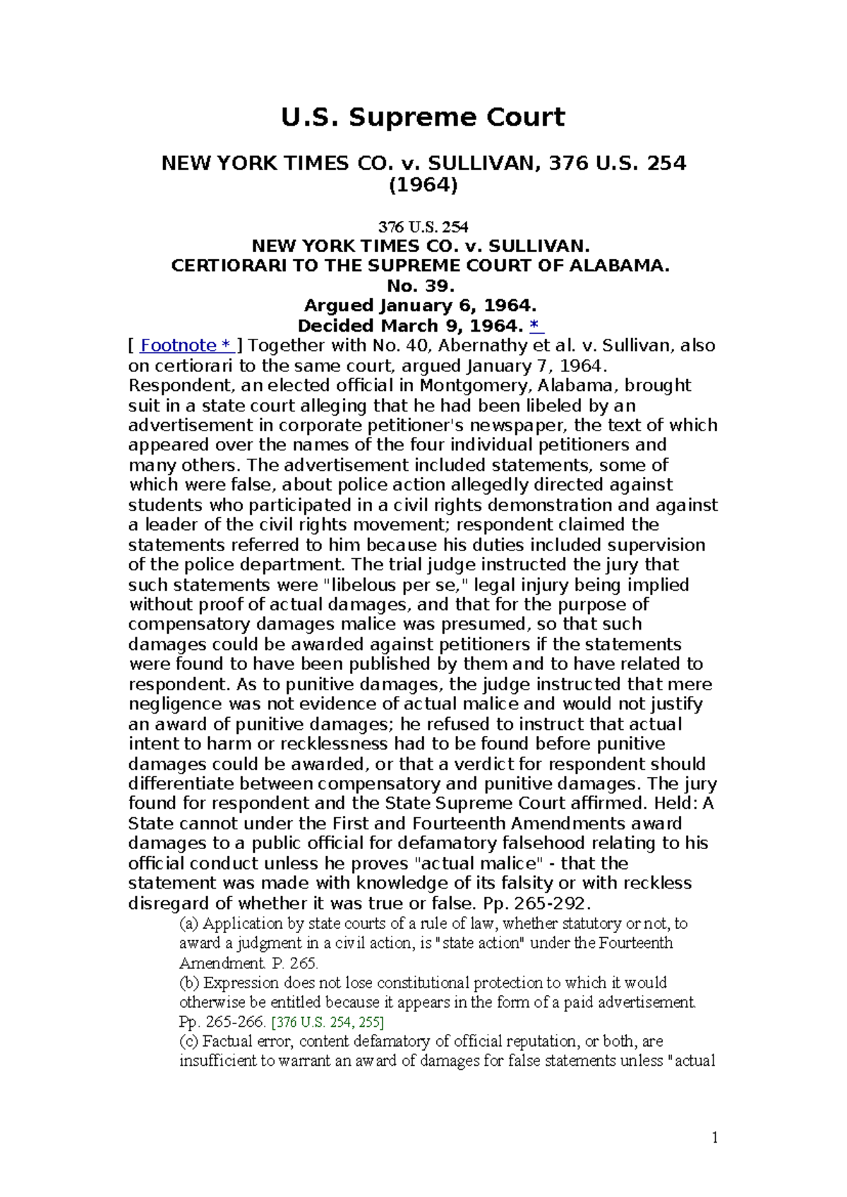 New York Times v. Sullivan - U. Supreme Court NEW YORK TIMES CO. v ...