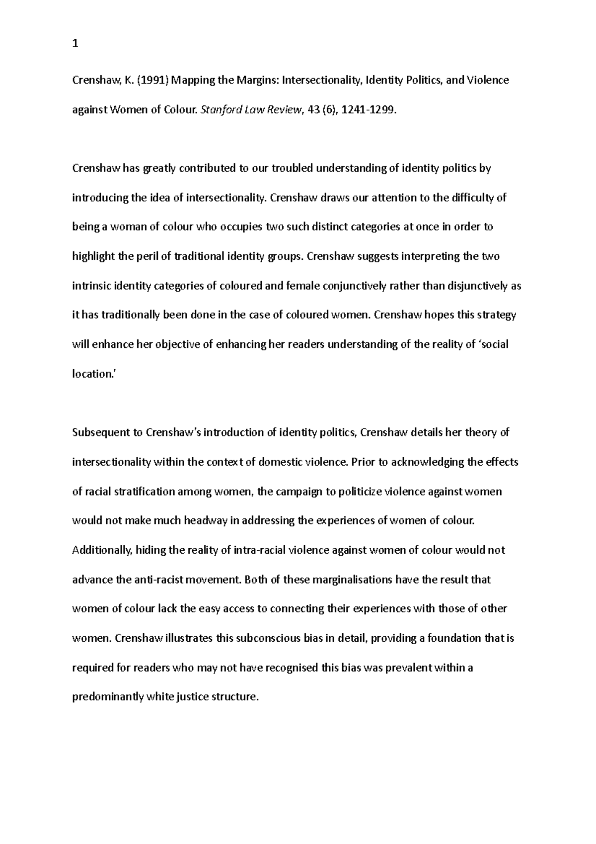 Crenshaw, K. Mapping the margins Intersectionality Reading Response - 1 ...