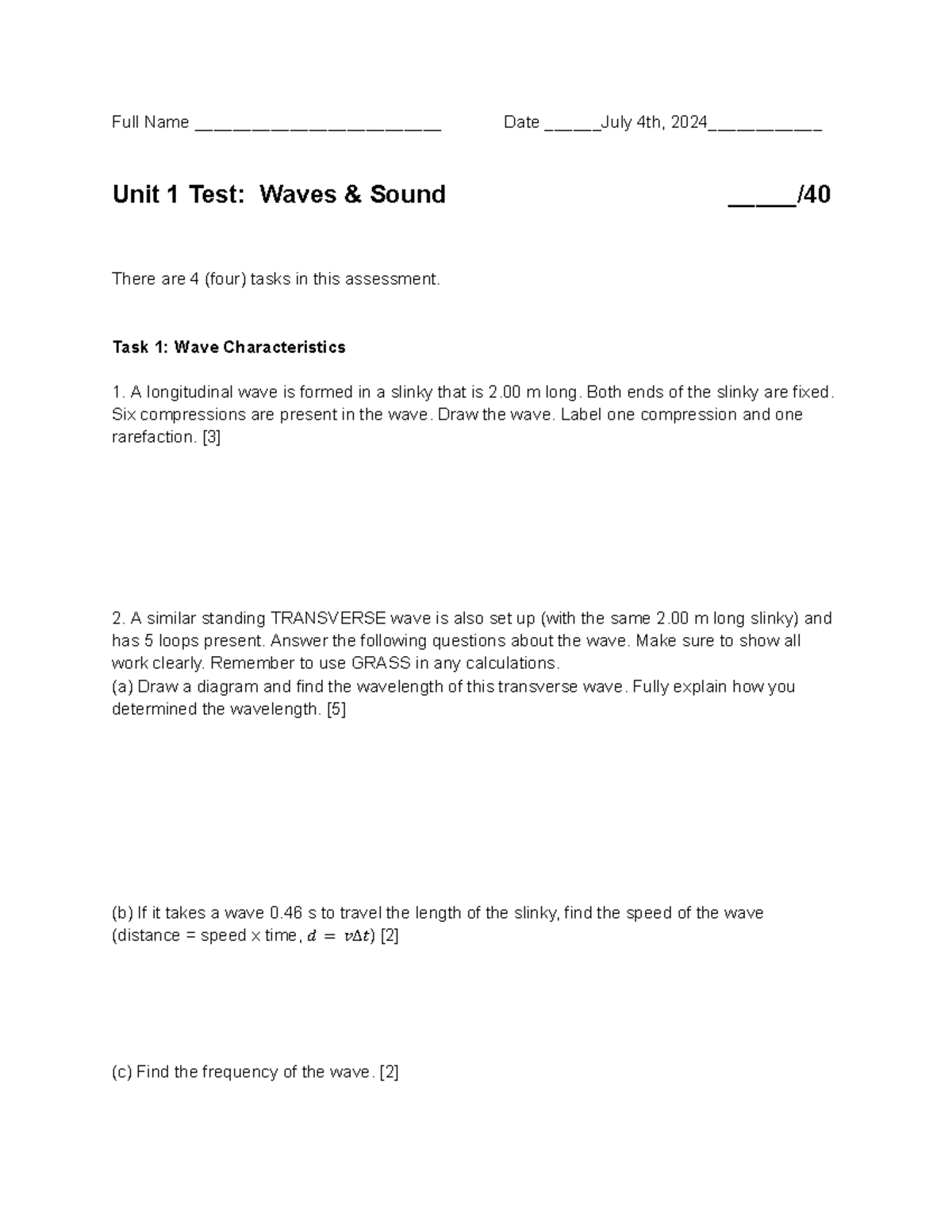 Unit 1 Test: Waves and Sound Assessment - Full Name ...