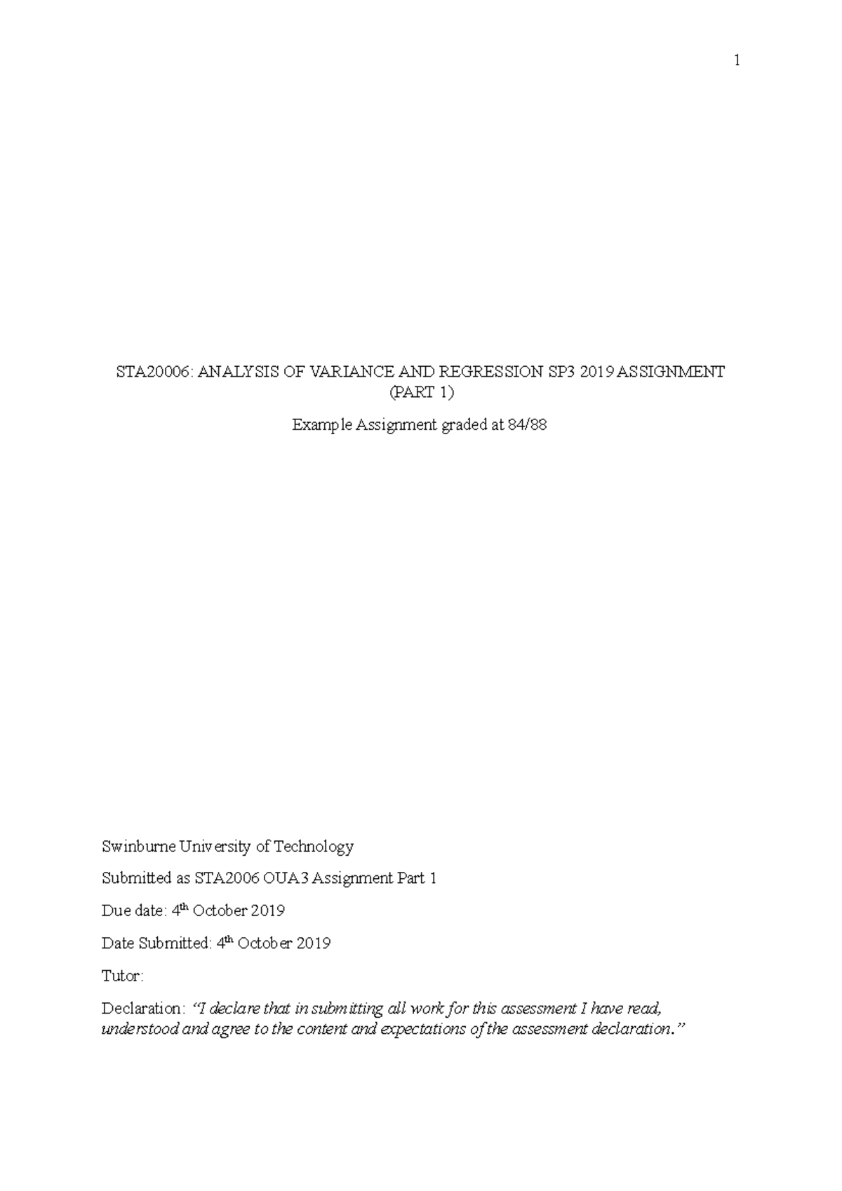 STA2000 6 Assignment 1.SP3 2019 - STA20006: ANALYSIS OF VARIANCE AND REGRESSION SP3 2019 ...