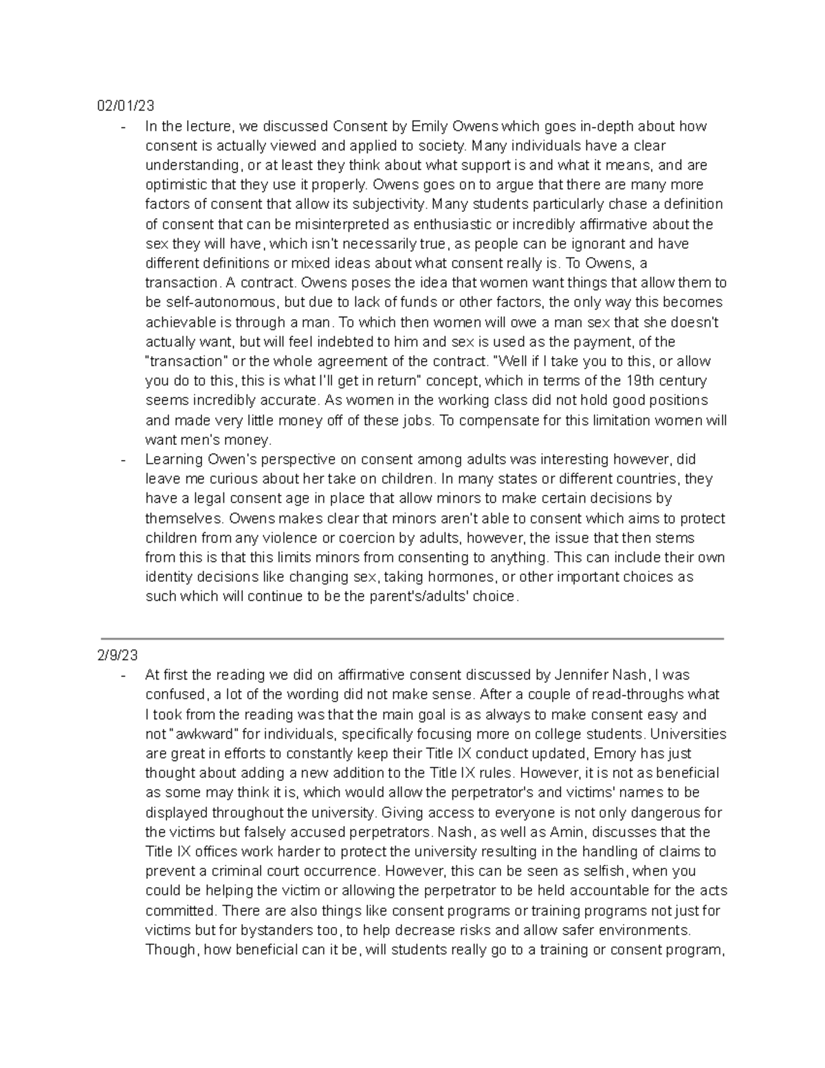 February Journal Entries - 02/01/ In the lecture, we discussed Consent ...