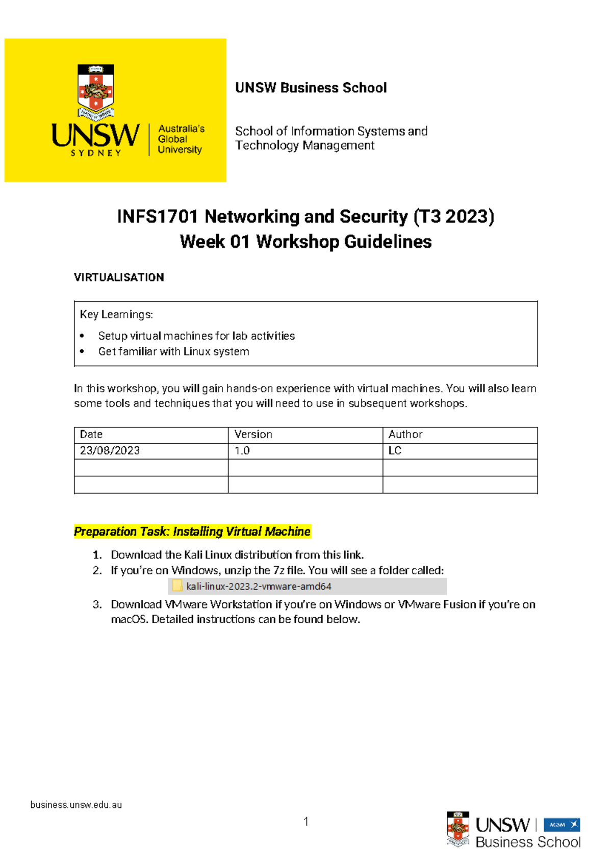 INFS1701 W01 Workshop Guidelines - business.unsw.edu UNSW Business School School of Information ...