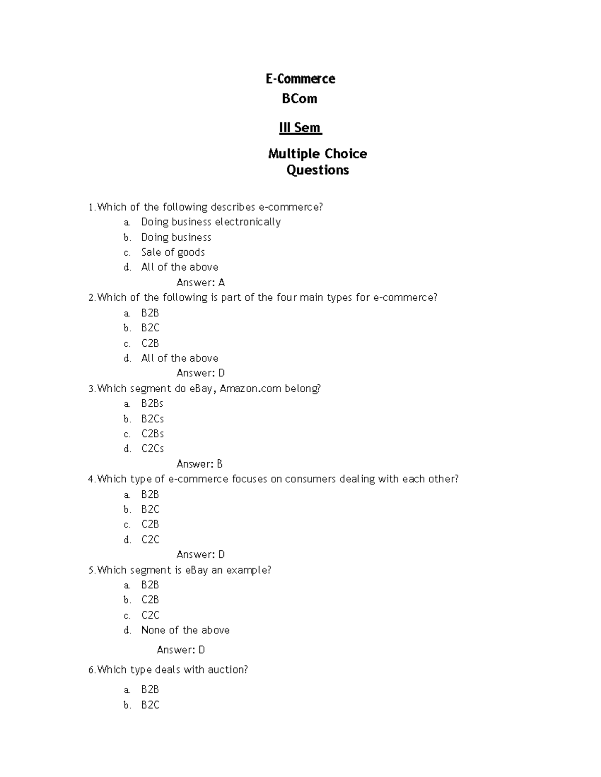 Exam 18 February 2018, questions and answers - E‐Commerce BCom III Sem ...