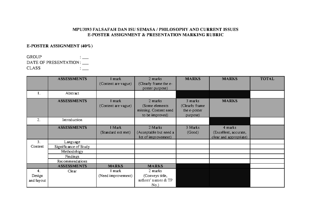 FIS Poster AND Presentation Marking Rubric - MPU3193 FALSAFAH DAN ISU ...
