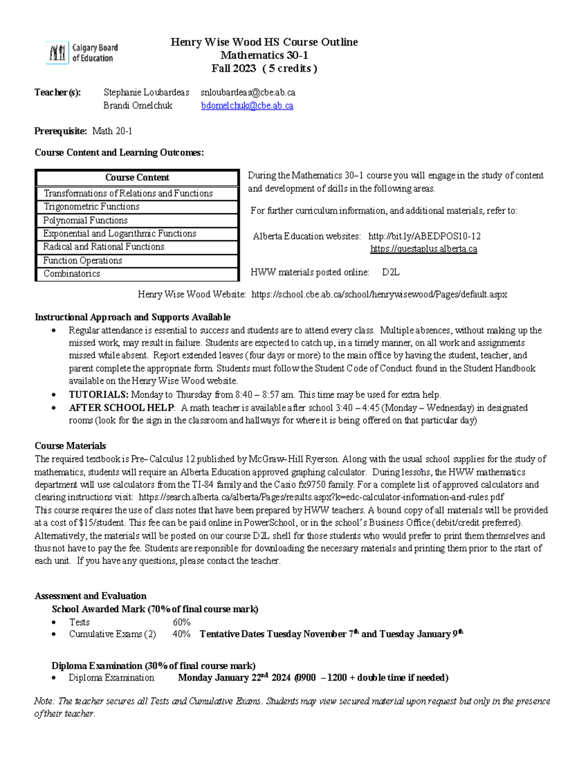 Math 30-1 Outline Fall 2023 - Henry Wise Wood HS Course Outline ...