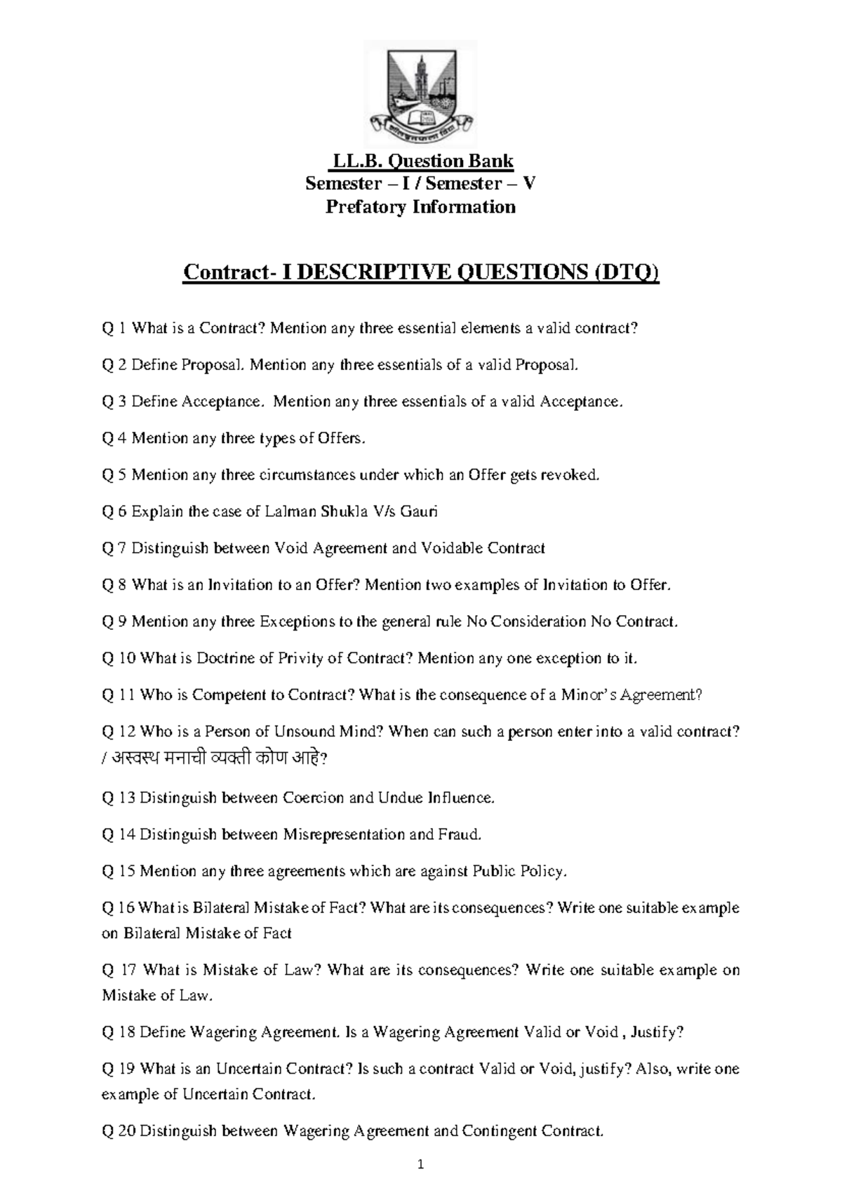Contract-I DTQ - LL. Question Bank Semester – I / Semester – V ...
