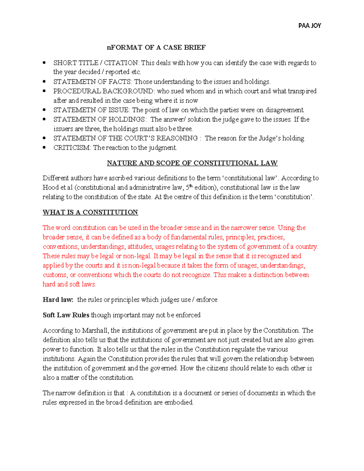 Constitutional law semester 1 gabby - nFORMAT OF A CASE BRIEF SHORT ...