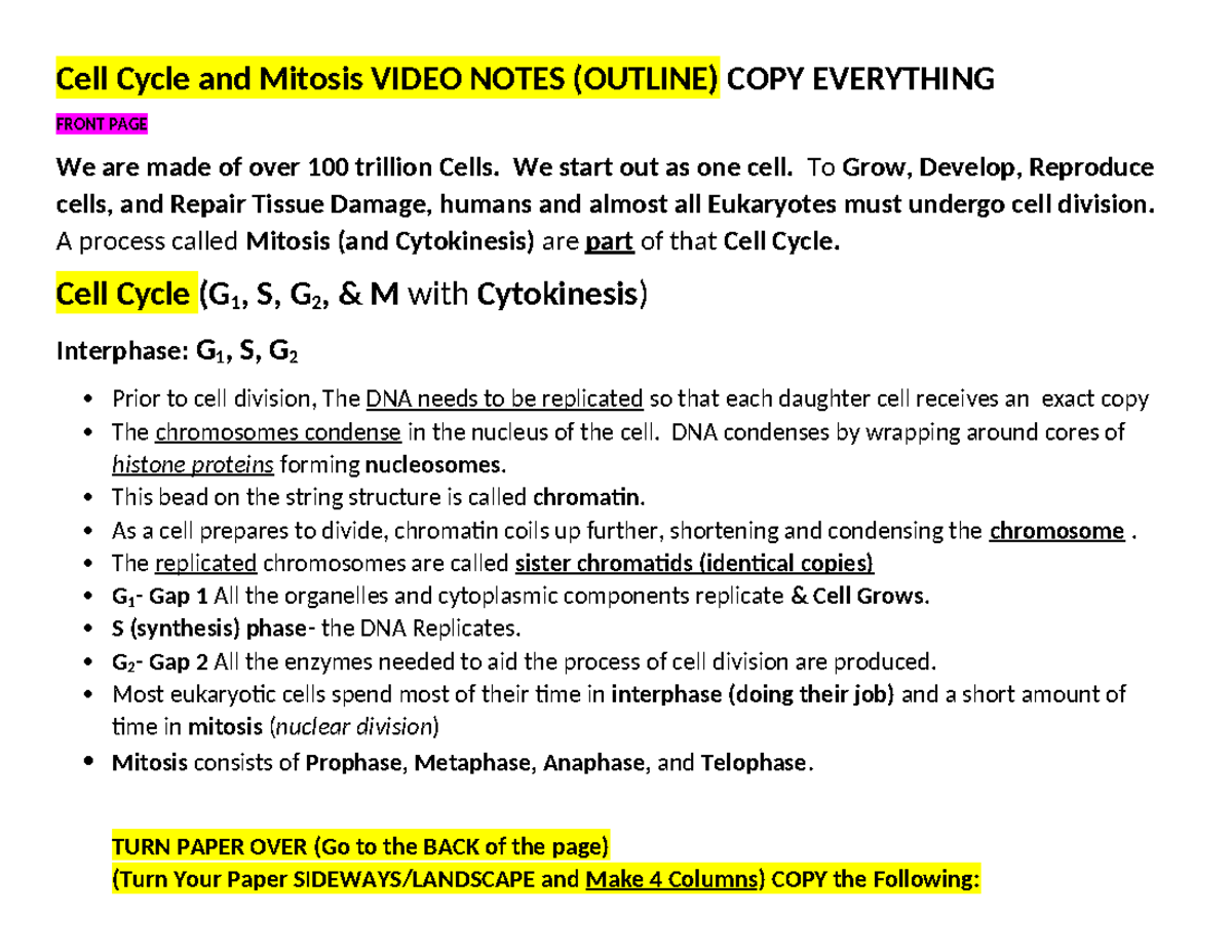 Chapter 09-Cell Cycle and Mitosis Video Notes-Filled-in - Cell Cycle ...