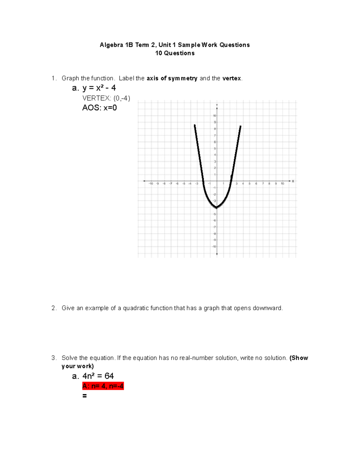 Algebra 1B Term 2 Unit 1 Sample Work Questions - Algebra 1B Term 2 ...