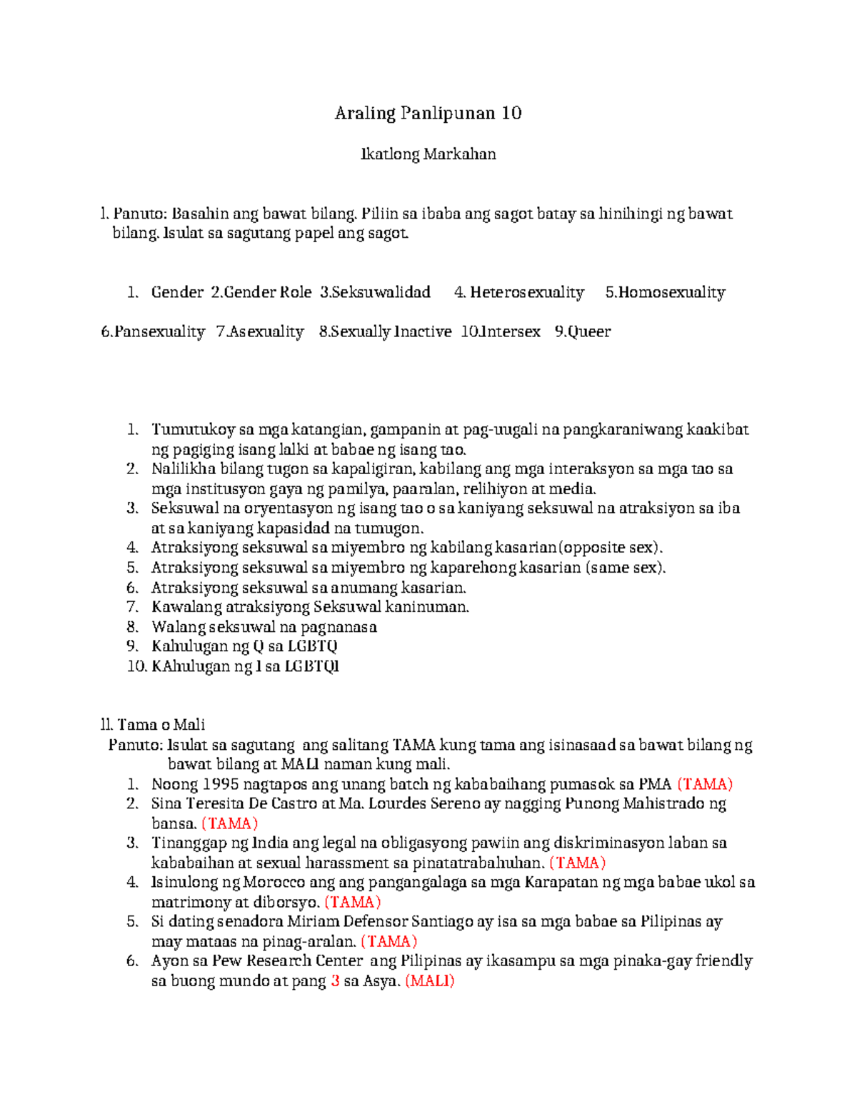 AP LT 1 Q3 - for references - Araling Panlipunan 10 Ikatlong Markahan l. Panuto: Basahin ang ...