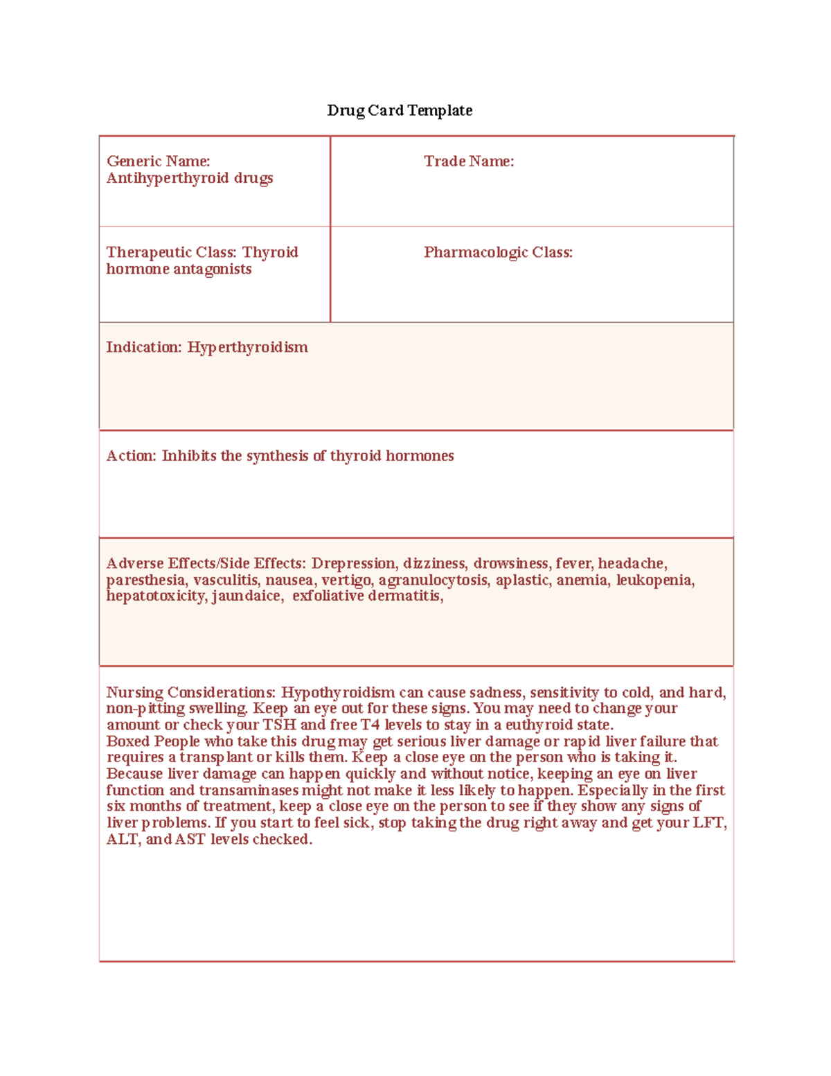 Antihyperthyroid drugs - Drug Card Template Generic Name ...