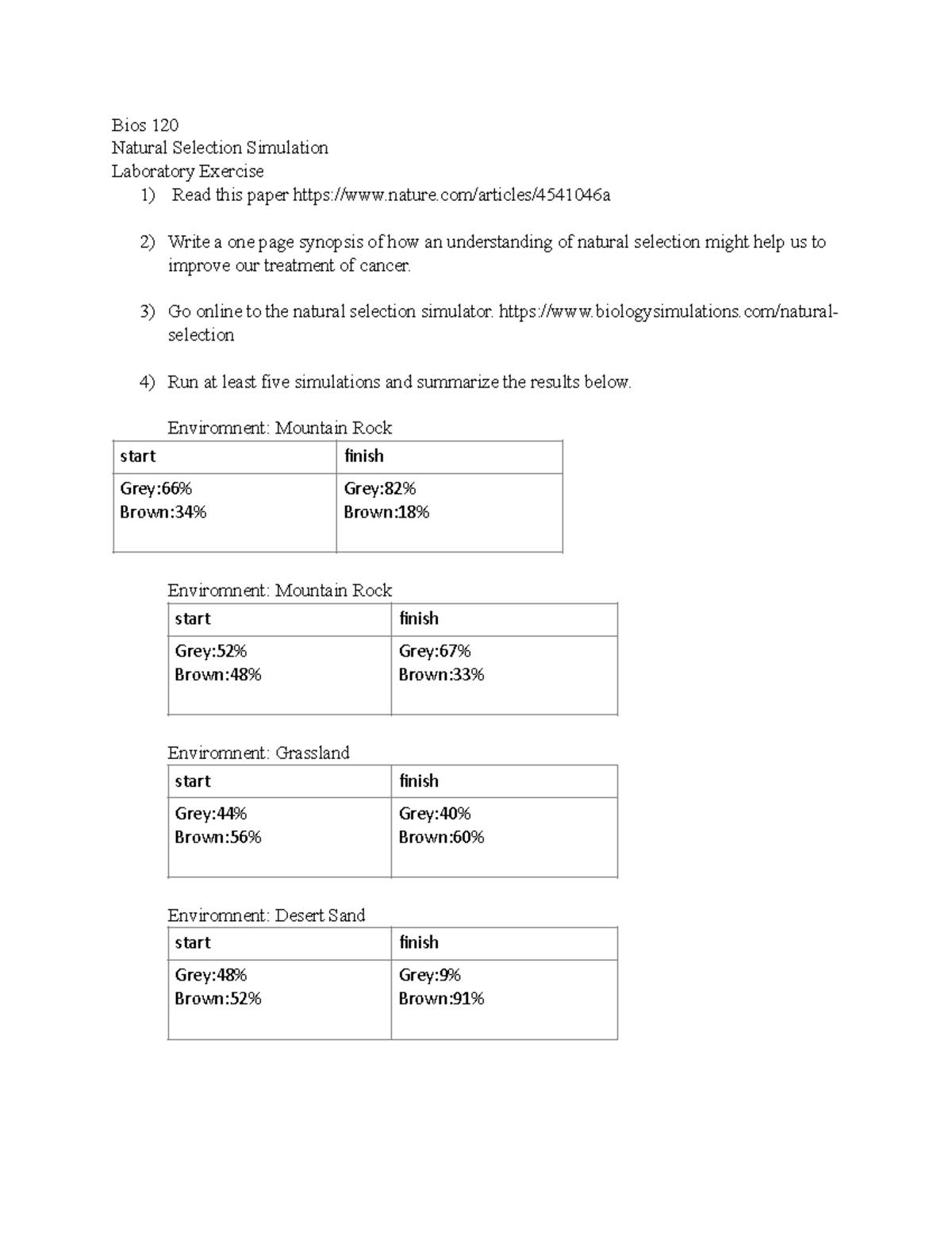 Bio 110-Natural Selection Simulation - Bios 120 Natural Selection ...