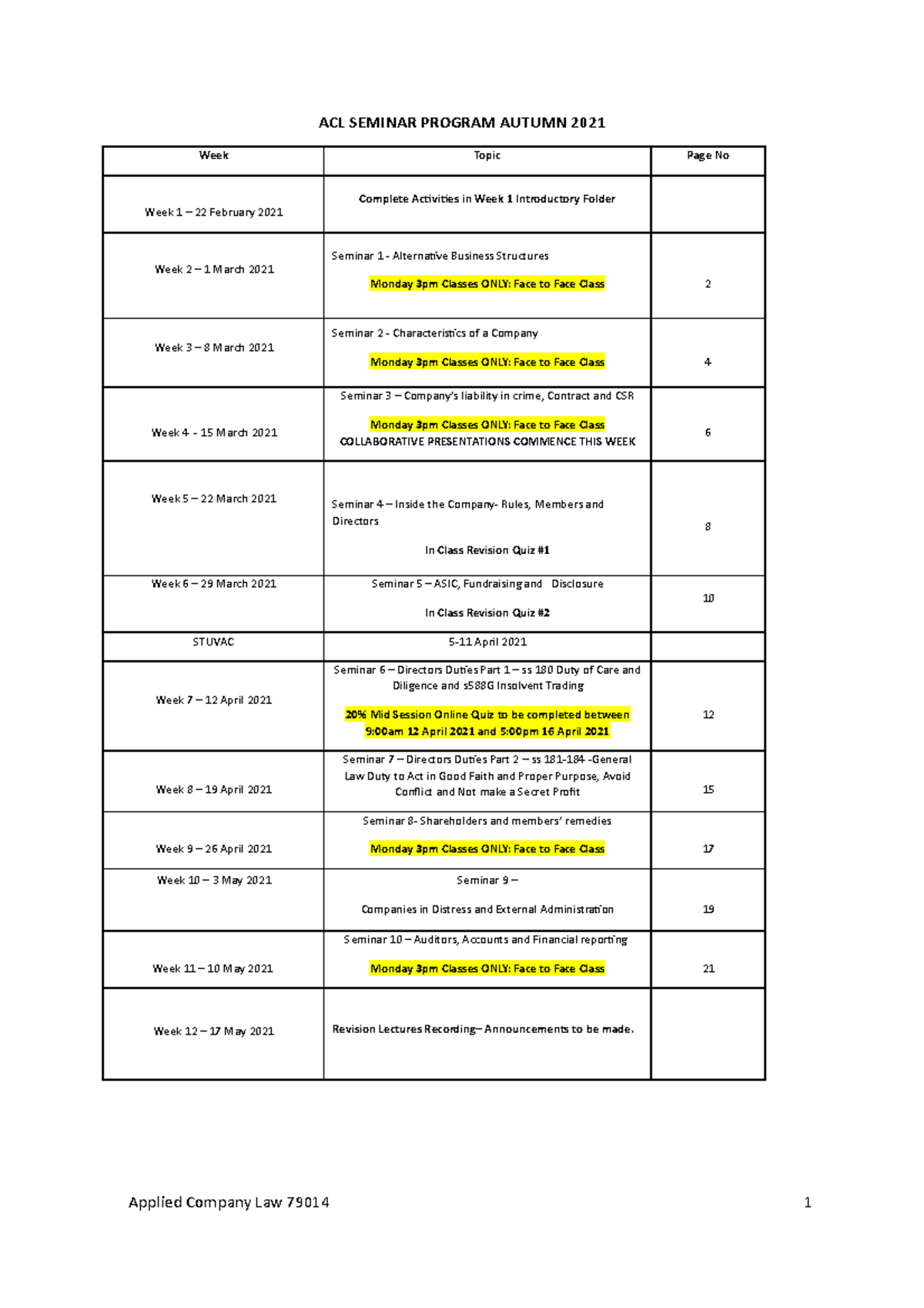 Seminar Guide - ACL SEMINAR PROGRAM AUTUMN 2021 Week Topic Page No Week ...