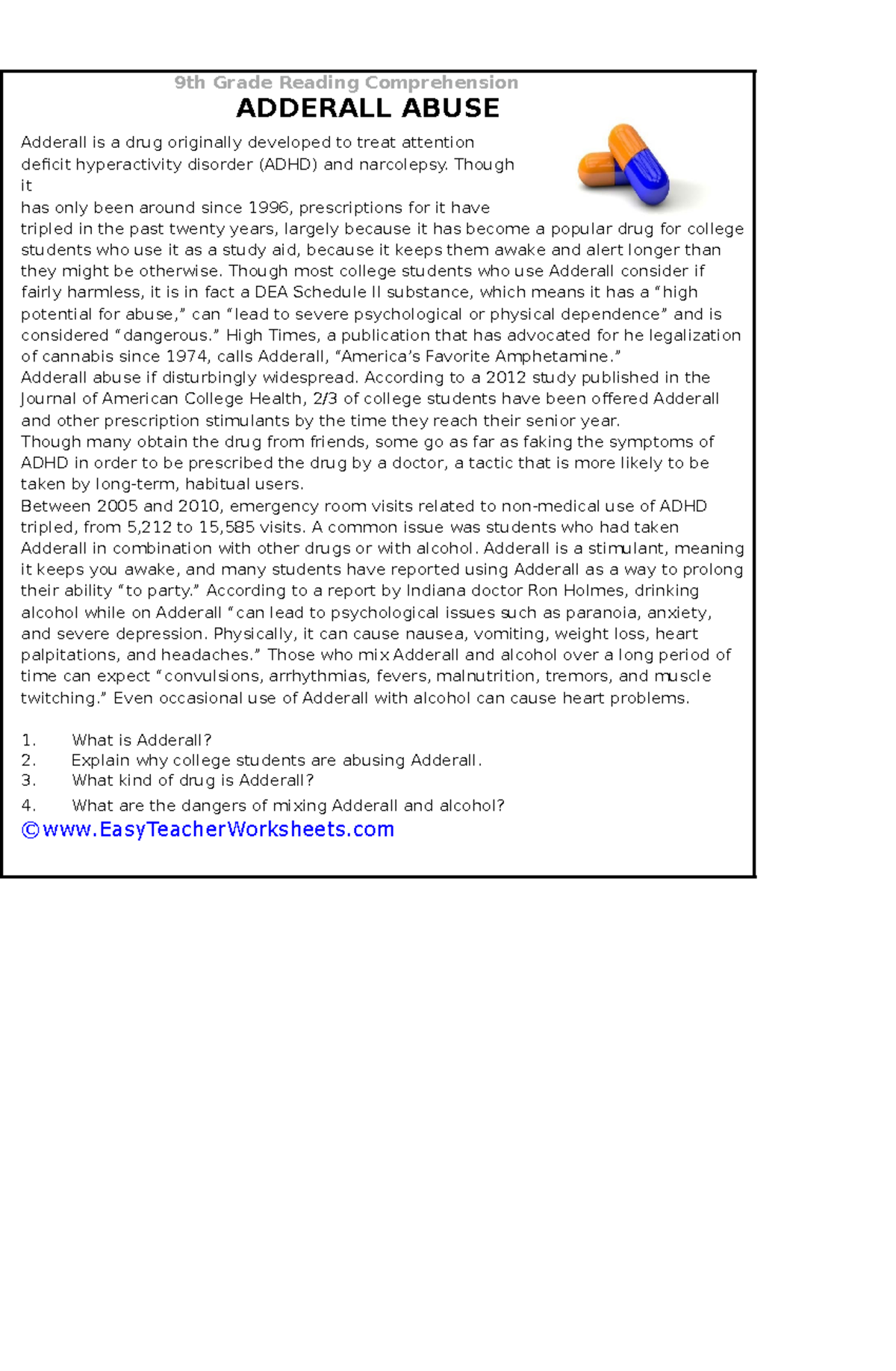 Catch up-march 22 - 9th Grade Reading Comprehension ADDERALL ABUSE ...