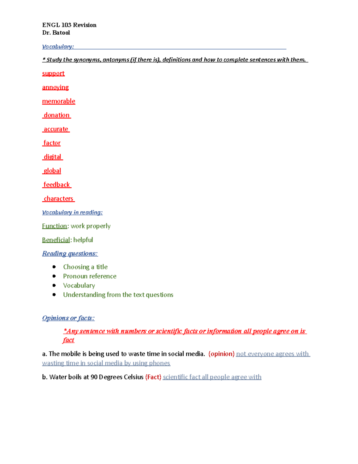 Revision engl 103 - notes - ENGL 103 Revision Dr. Batool Vocabulary ...