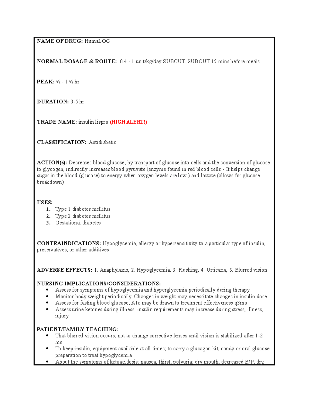 Insulin DRUG Cards - NAME OF DRUG: HumaLOG NORMAL DOSAGE & ROUTE: 0 - 1 ...