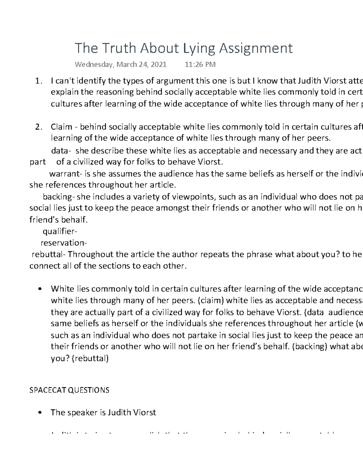 The Truth About Lying Assignment - I can't identify the types of ...