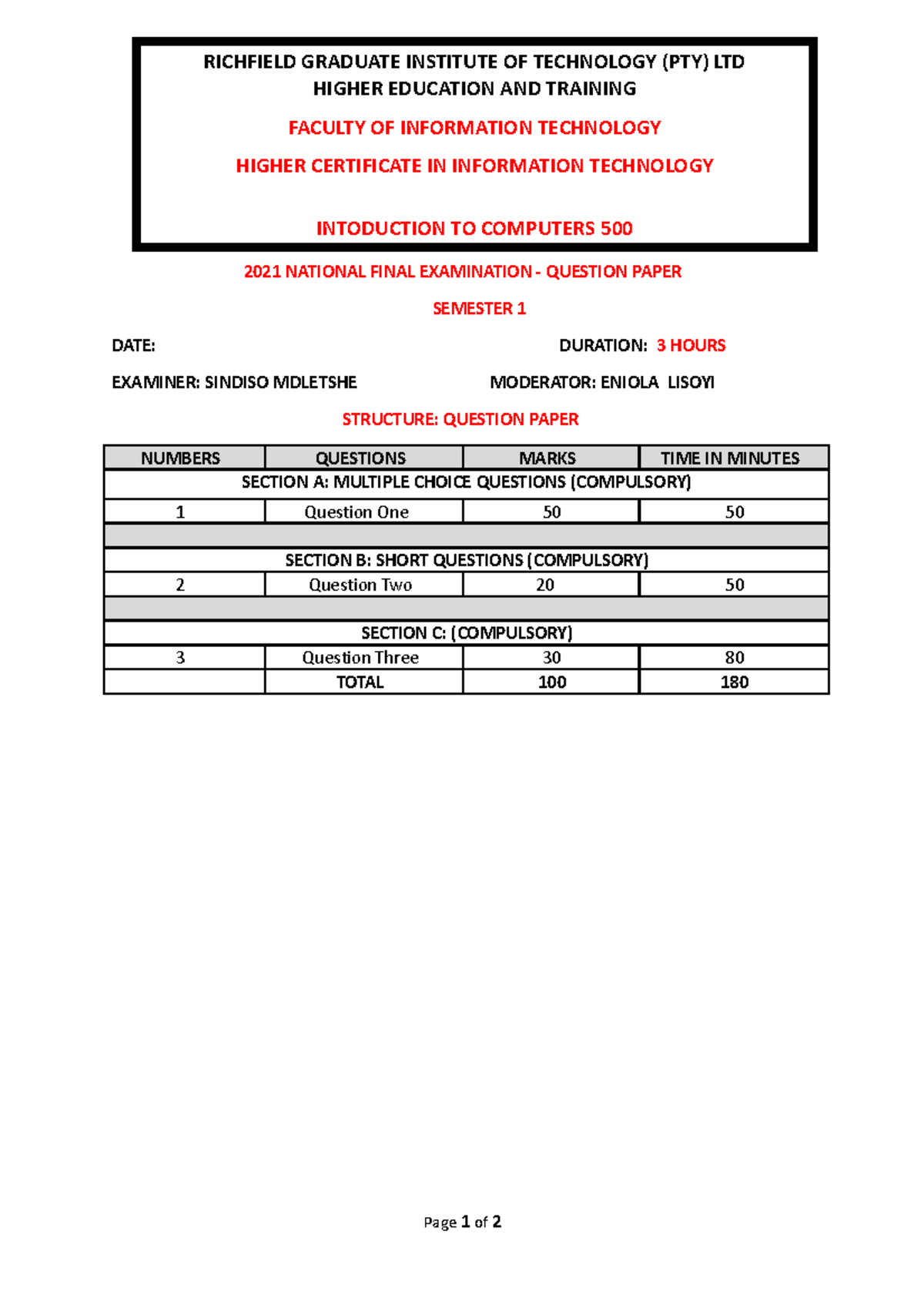 Intro to Comp Exam - use this to practice - Q 2021 NATIONAL FINAL ...