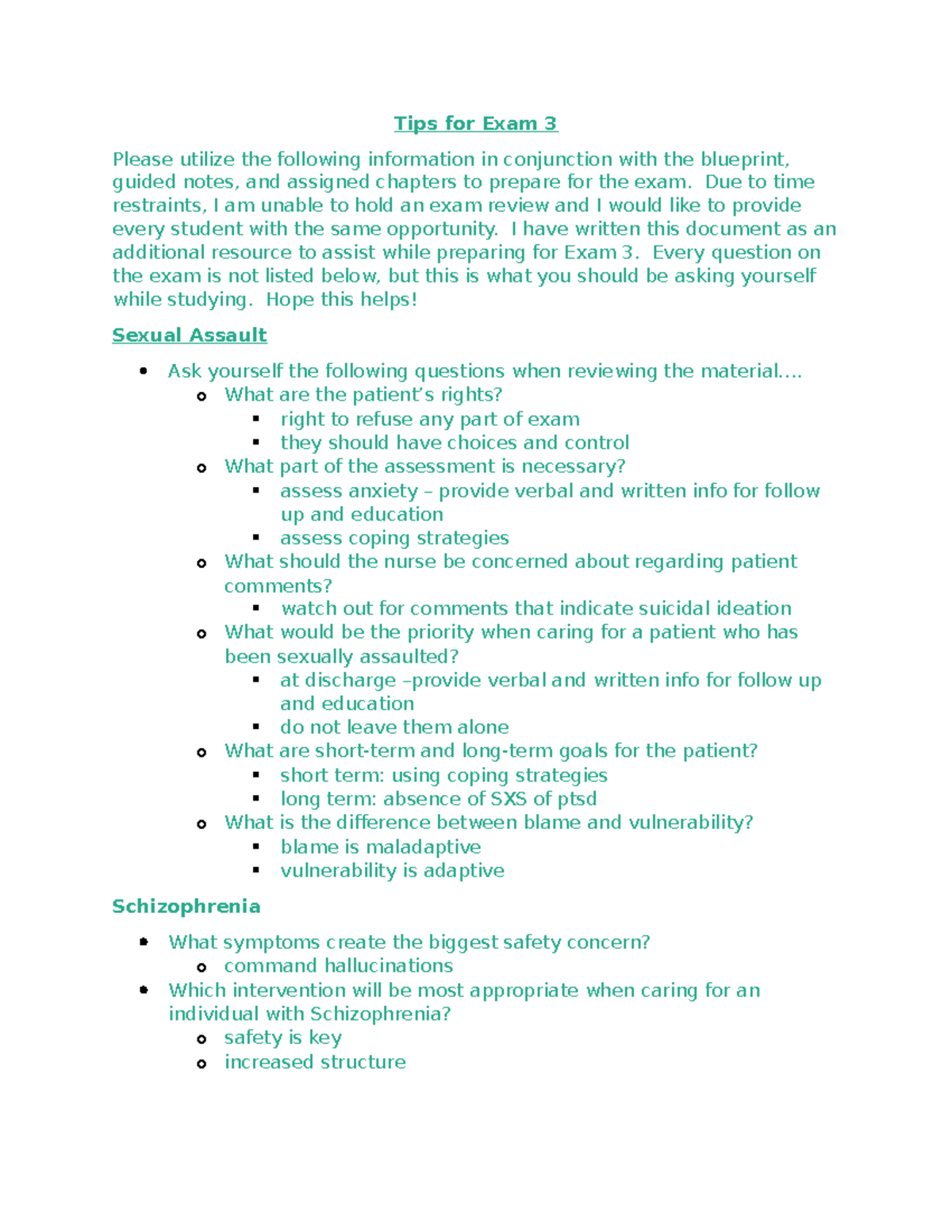 Exam3 notes - exam 3 outline things to know mental health psych nursing ...