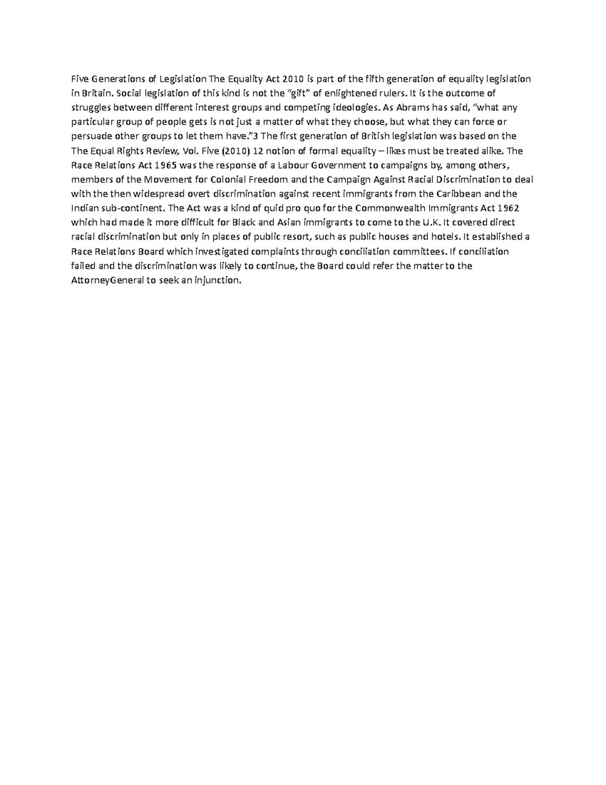 Five Generations of Legislation The Equality Act 2010 is part of the fifth generation of ...