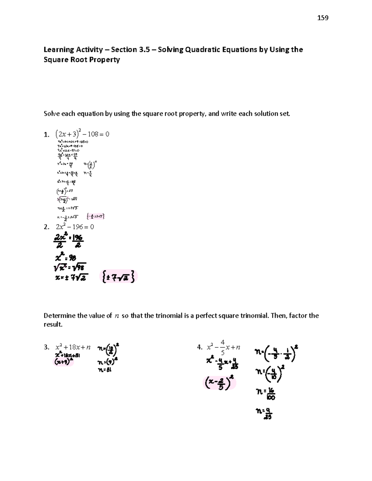 M1105C LA 3.5 Solving Quadratic Equations by Using the Square Root ...