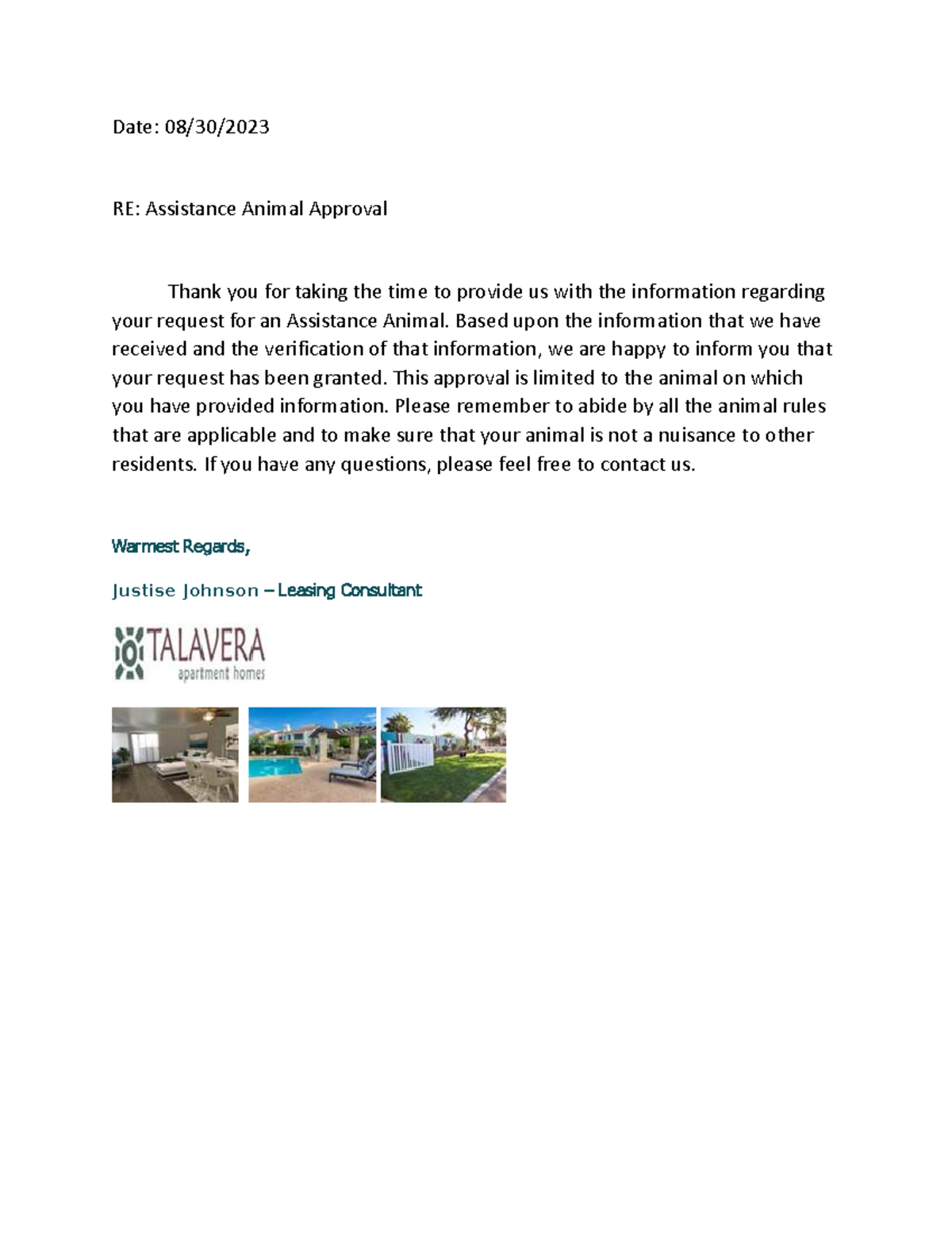 2104 approval - busy work - Date: 08/30/ RE: Assistance Animal Approval ...