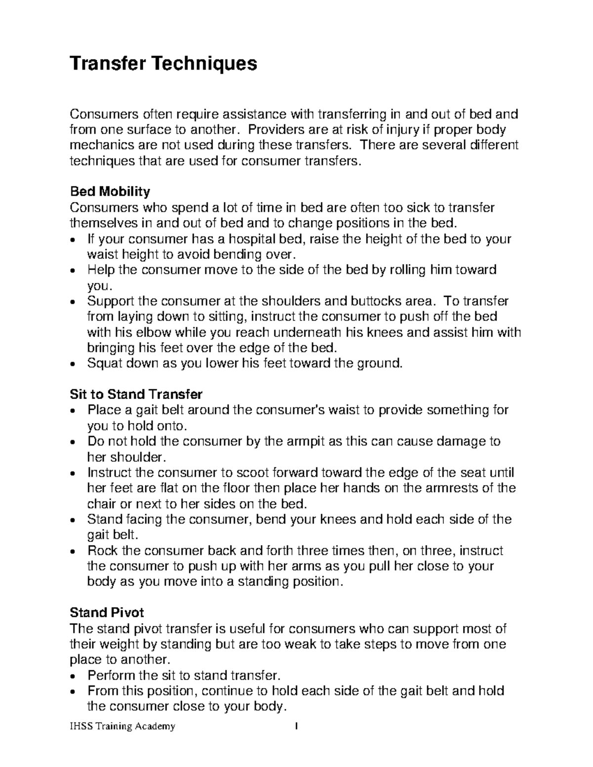 Transfer Techniques - NOTES - IHSS Training Academy 1 Transfer ...