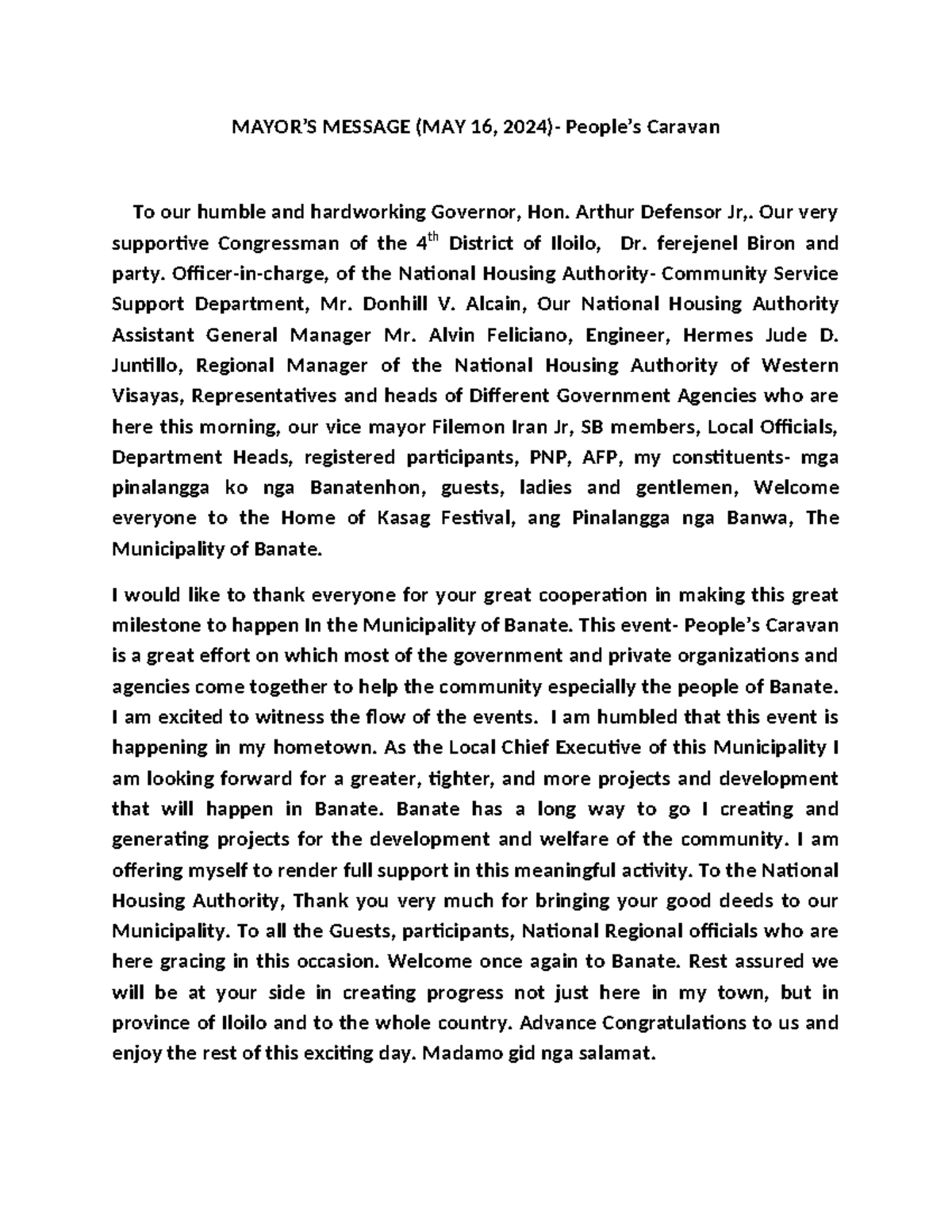 Speech mayor during the NHA - MAYOR’S MESSAGE (MAY 16, 2024)- People’s ...