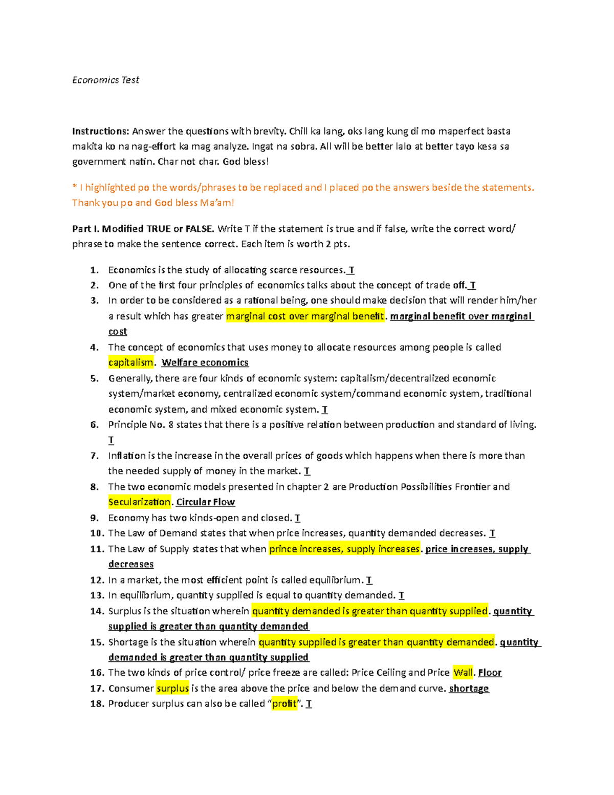 Economics Test - A quiz on economic principles - Economics Test ...