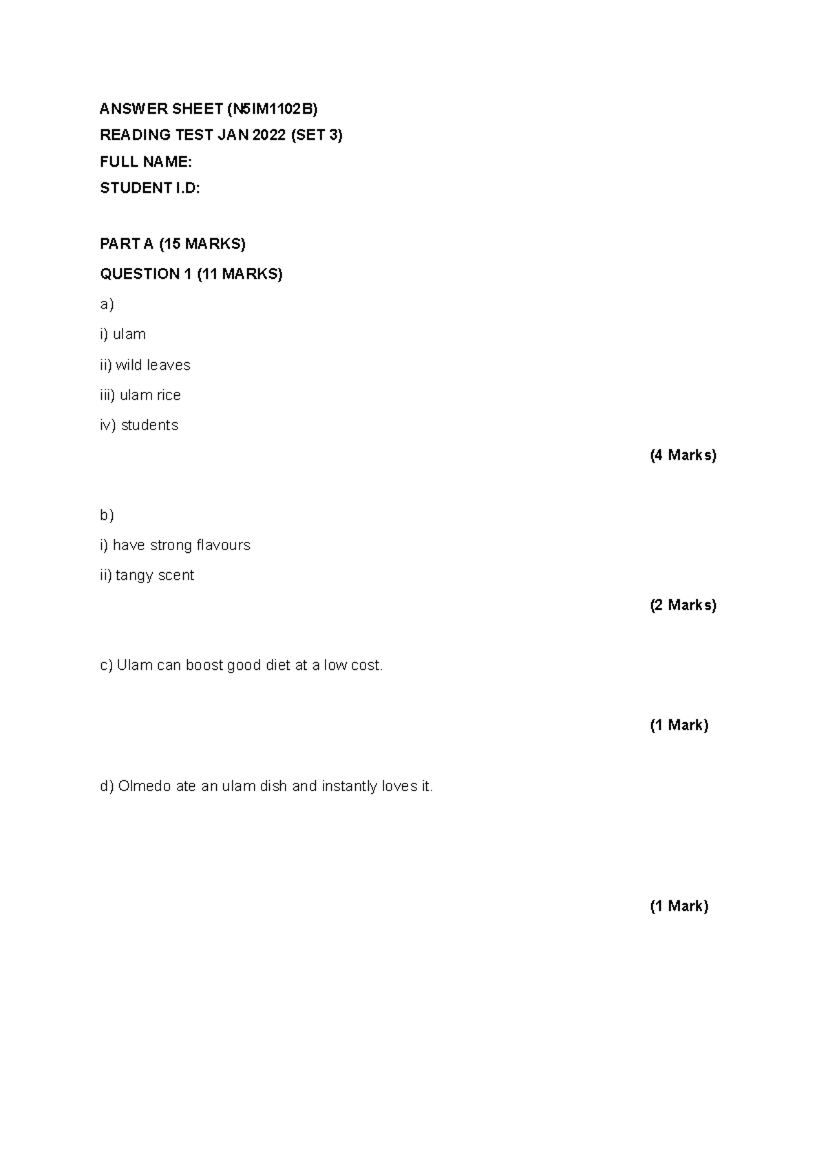 Answer Sheet Reading TEST JAN 2022 N5IM1102B - ANSWER SHEET (N5IM1102B ...