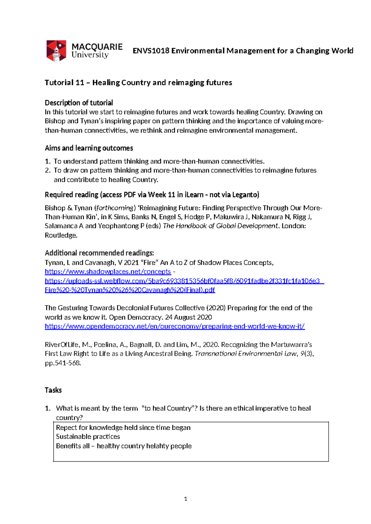Week 11 Tutorial Sheet - ENVS1018 Environmental Management for a ...