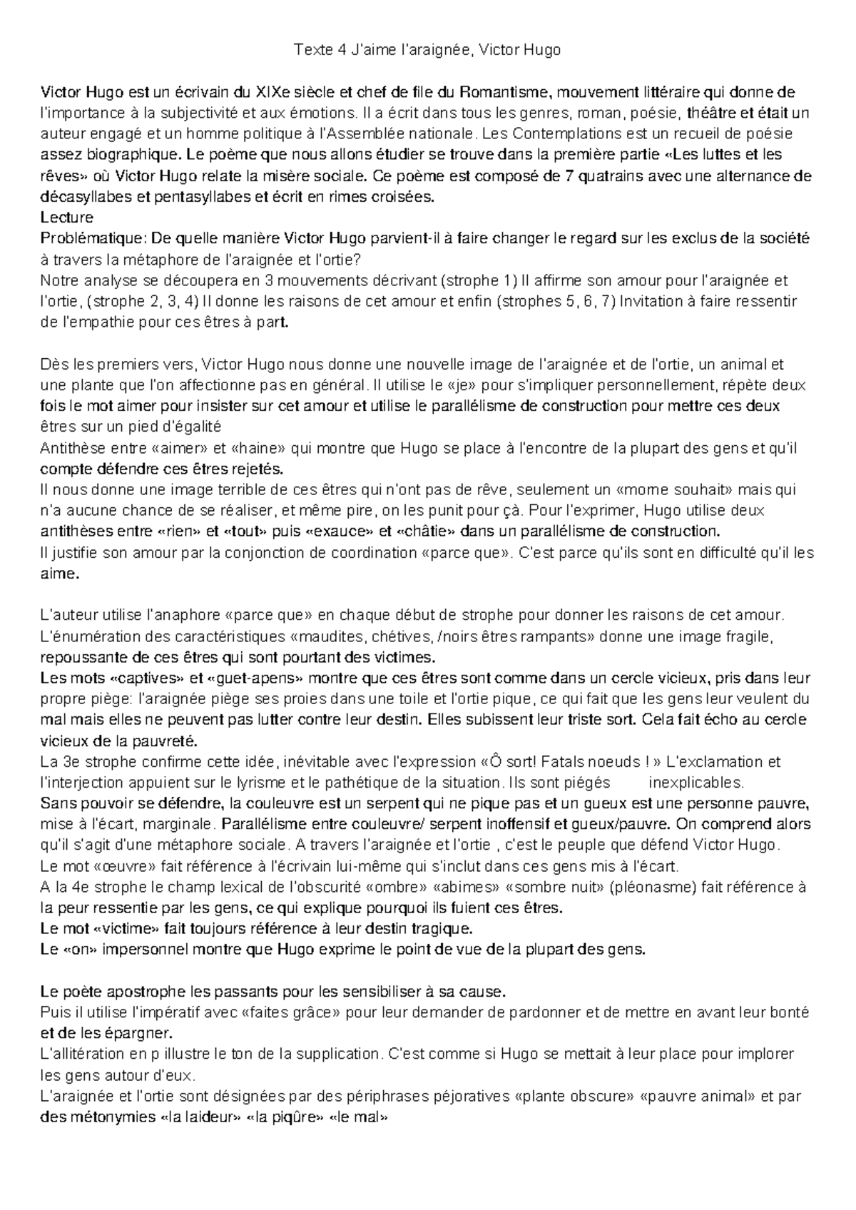 Analyse linéaire J'aime l'araignée Victor Hugo - Texte 4 J’aime l ...