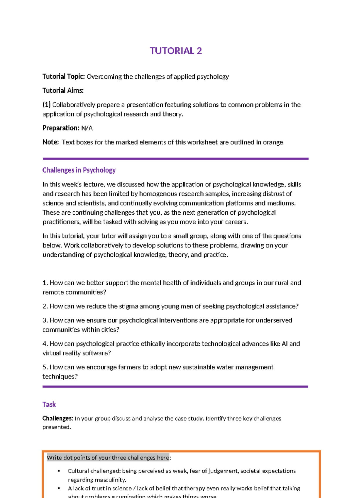 Tut worksheet 2 - TUTORIAL 2 Tutorial Topic: Overcoming the challenges ...