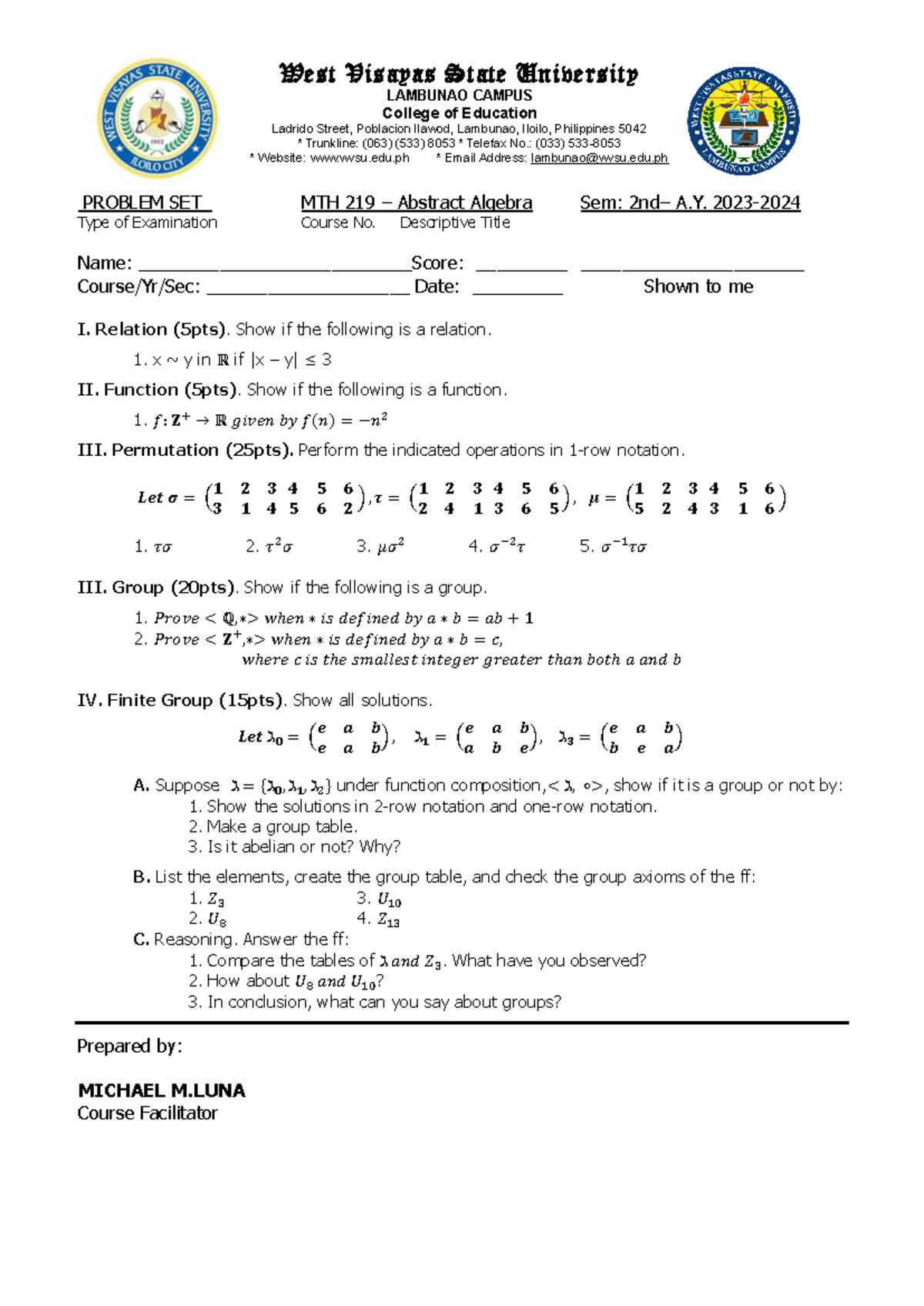 2024 MTH-219 PS 1 - Module - PROBLEM SET_ MTH 219 – Abstract Algebra Sem: 2nd– A. 2023- 2024 ...