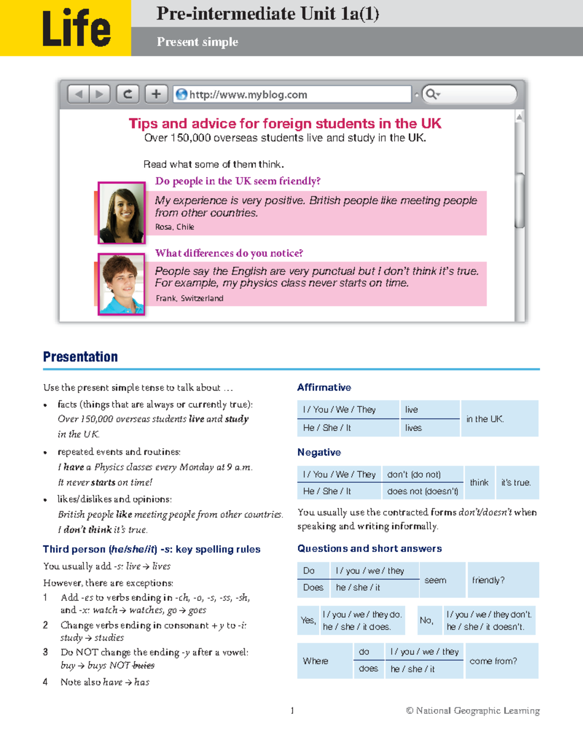 86541 Pre-Intermediate GW 01a-1 - 1 © National Geographic Learning Use the present simple tense ...