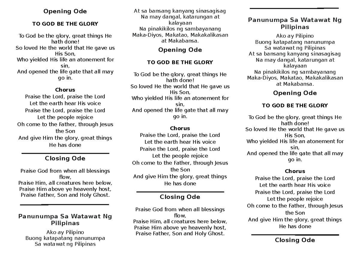 Opening Ode - Opening Ode TO GOD BE THE GLORY To God be the glory ...
