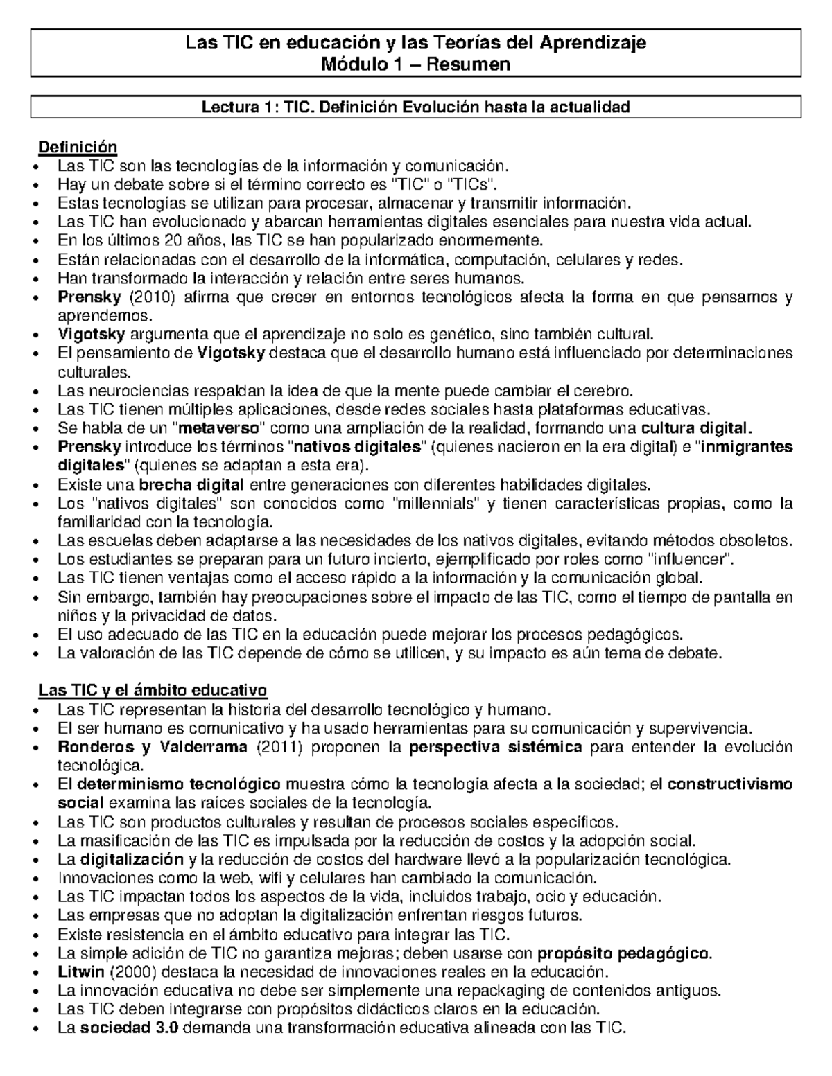 M1 Resumen - Las TIC en educación y las Teorías del Aprendizaje Módulo 1 – Resumen Lectura 1 ...