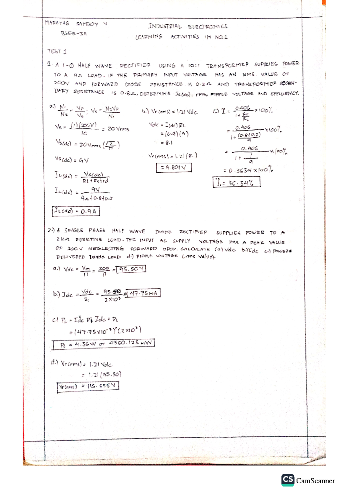 IM1- Marayagsamboy, Industrial Electronics - Bachelor of Science in Electrical Engineering - Studocu