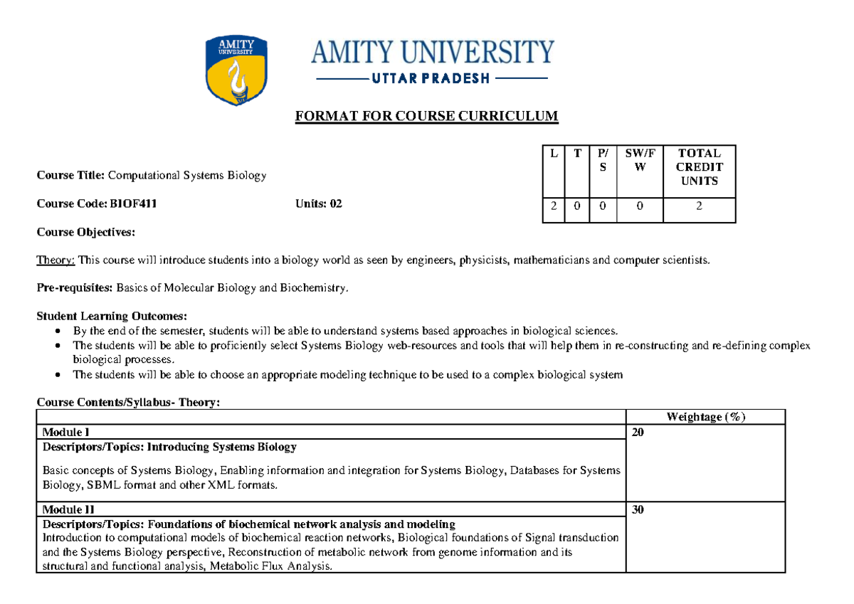 Computational Systems Biology - FORMAT FOR COURSE CURRICULUM Course ...