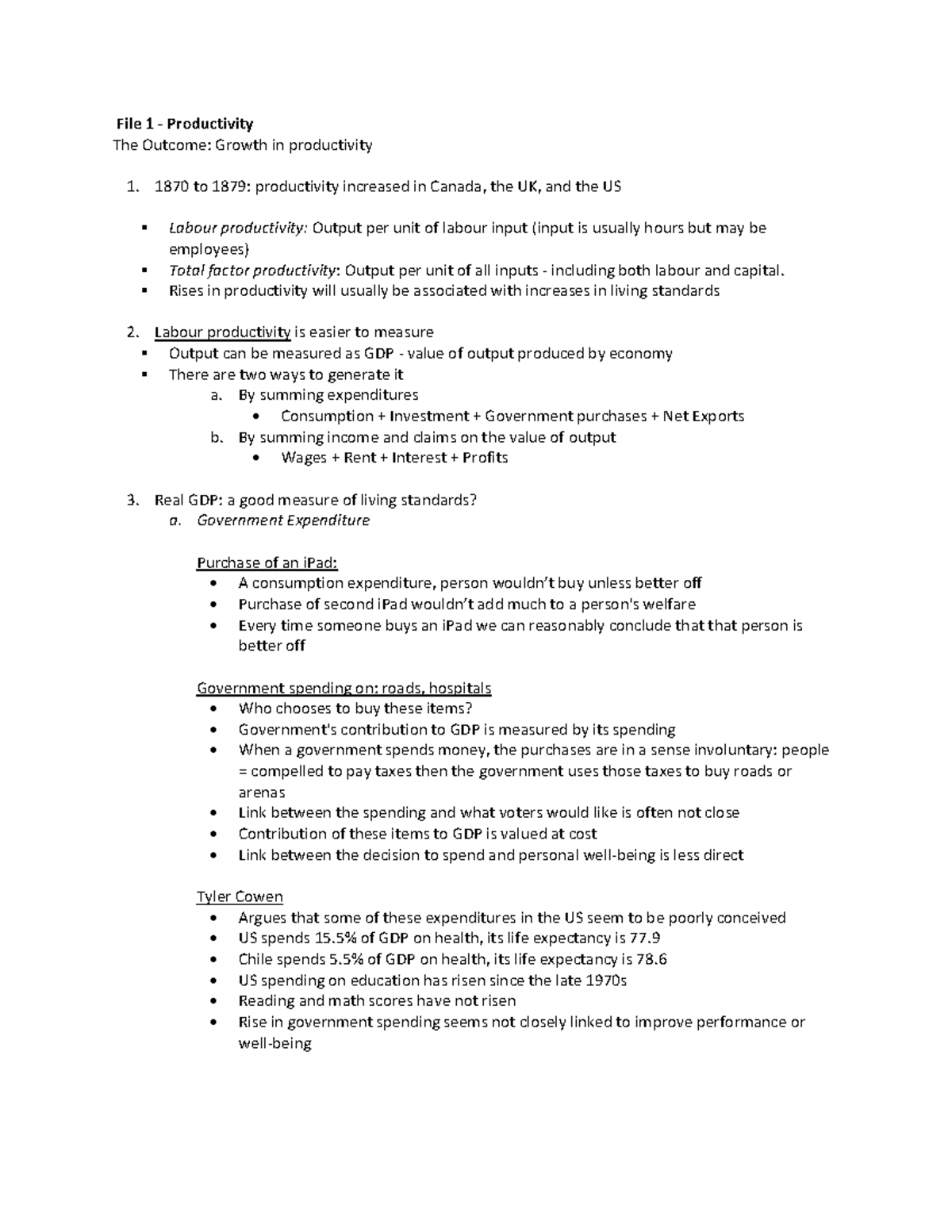SOCI235 Notes - File 1 - Productivity The Outcome: Growth in ...