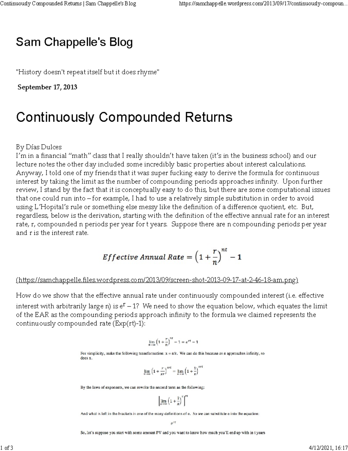 Continuous compounding - Sam Chappelle's Blog ʺHistory doesnʹt repeat itself but it does rhymeʺ ...